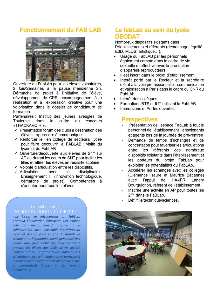 Projet CNR | Un fablab pour tous au lycée Déodat de Séverac | Innovation expérimentation
